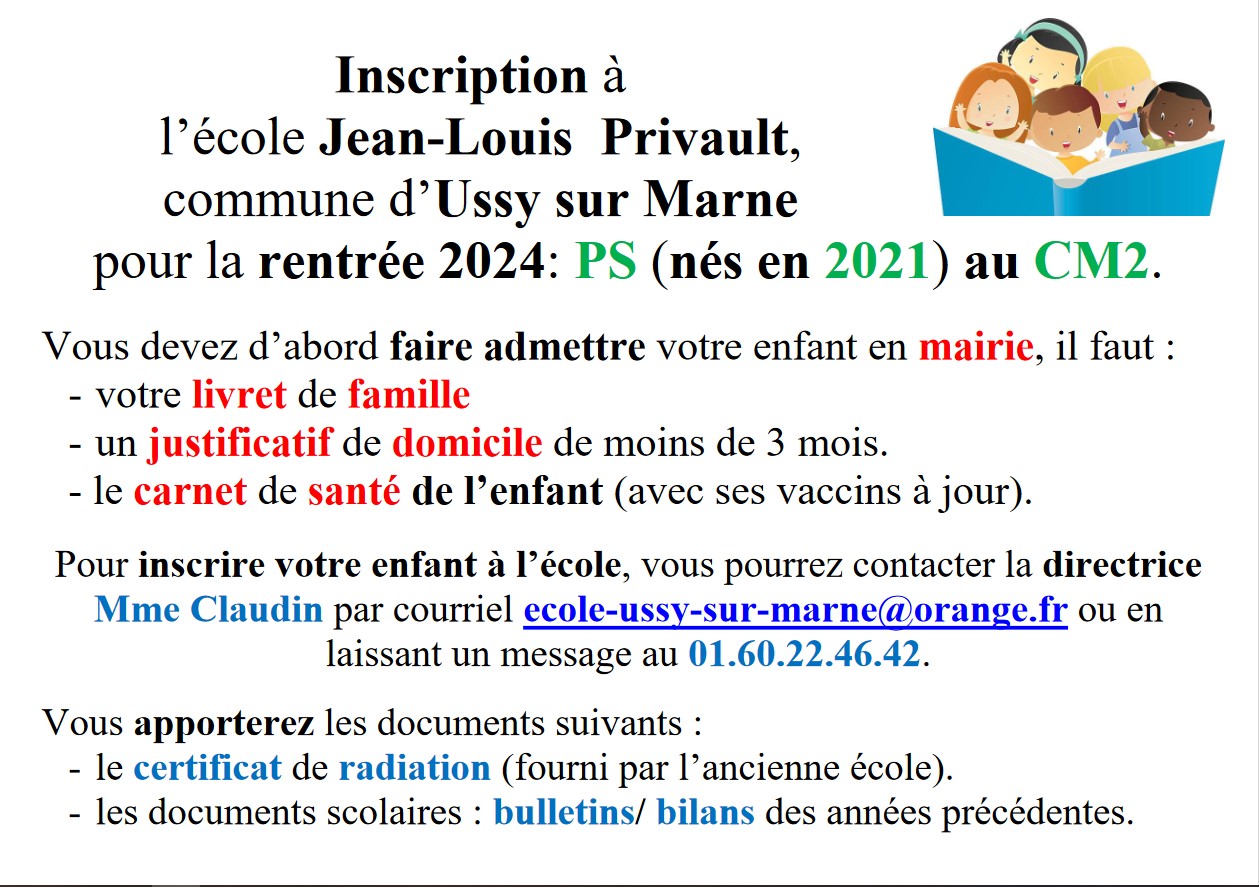 Inscriptions scolaires 2024-2025 - Ussy sur Marne